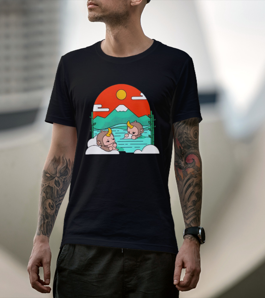 Connor Colquhoun The Tranquil Cute Monkeys In Vibrant Mountain Hot Spring Scenery With Sun And Clouds T-Shirt