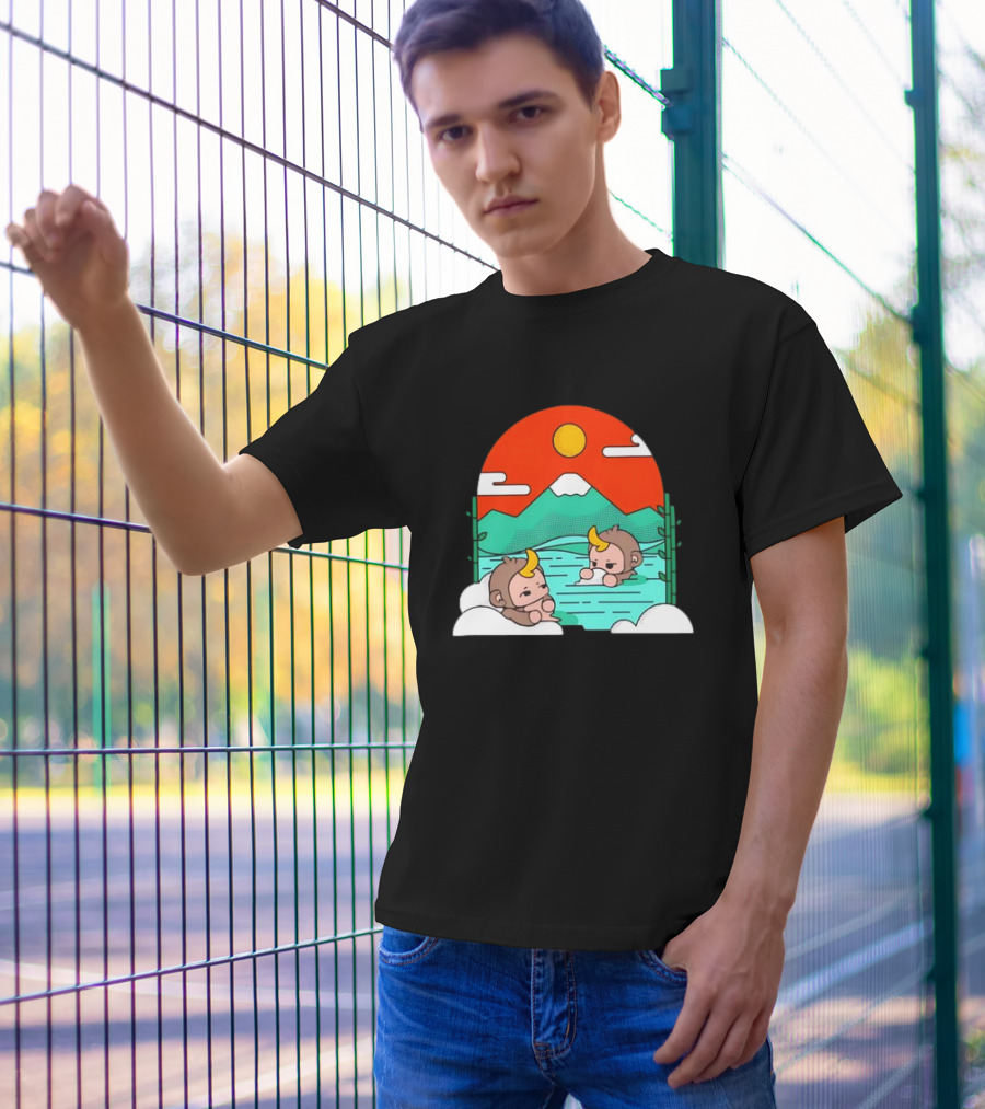 Connor Colquhoun The Tranquil Cute Monkeys In Vibrant Mountain Hot Spring Scenery With Sun And Clouds T-Shirt