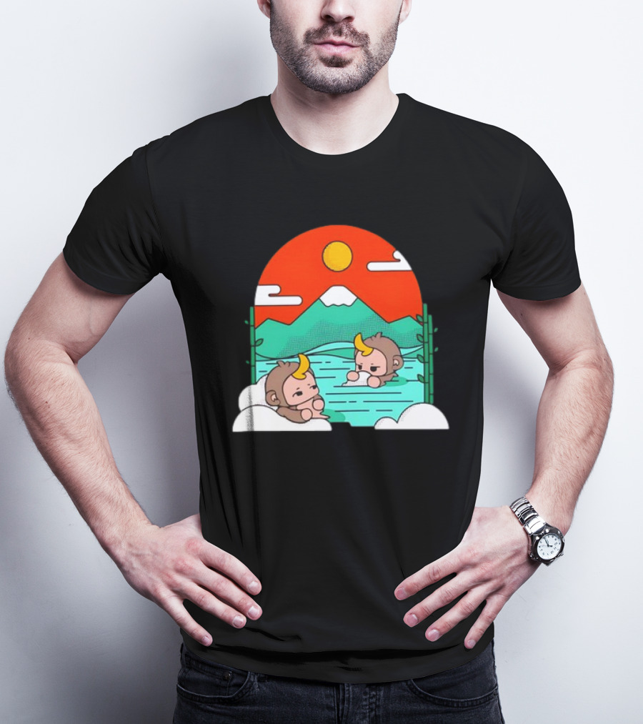 Connor Colquhoun The Tranquil Cute Monkeys In Vibrant Mountain Hot Spring Scenery With Sun And Clouds T-Shirt