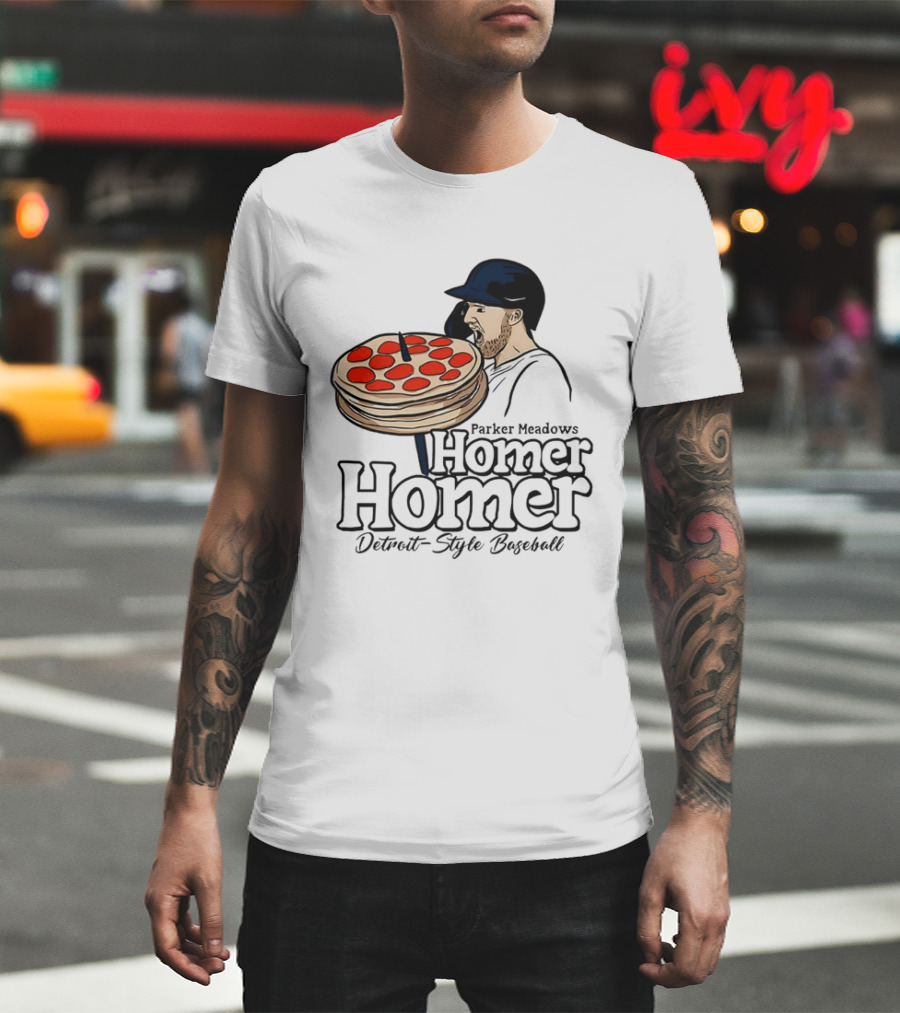 Parker Meadows Homer Homer Detroit-Style Baseball Pizza T-Shirt