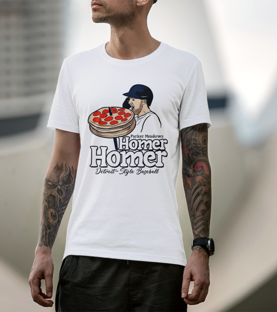 Parker Meadows Homer Homer Detroit-Style Baseball Pizza T-Shirt