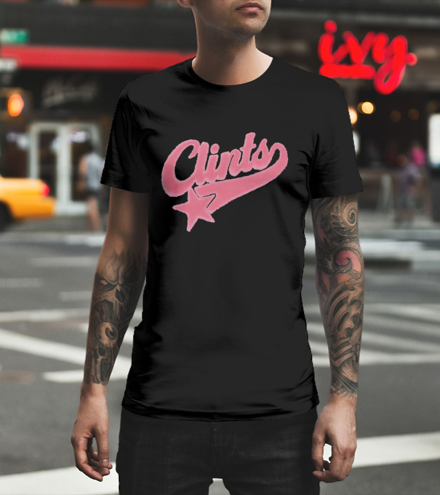 Clints Pink Fuzzy Star Script T-Shirt
