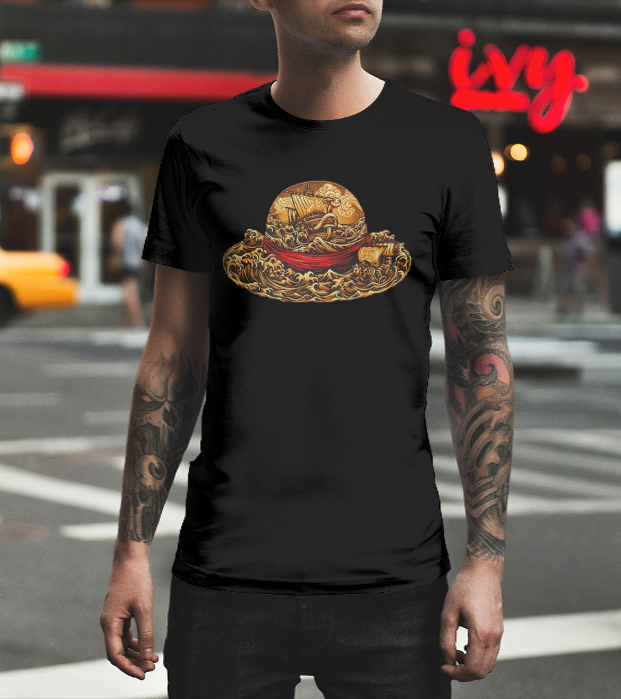 One Piece Luffy Straw Hat With Going Merry And Thousand Sunny Pirate Ships T-Shirt