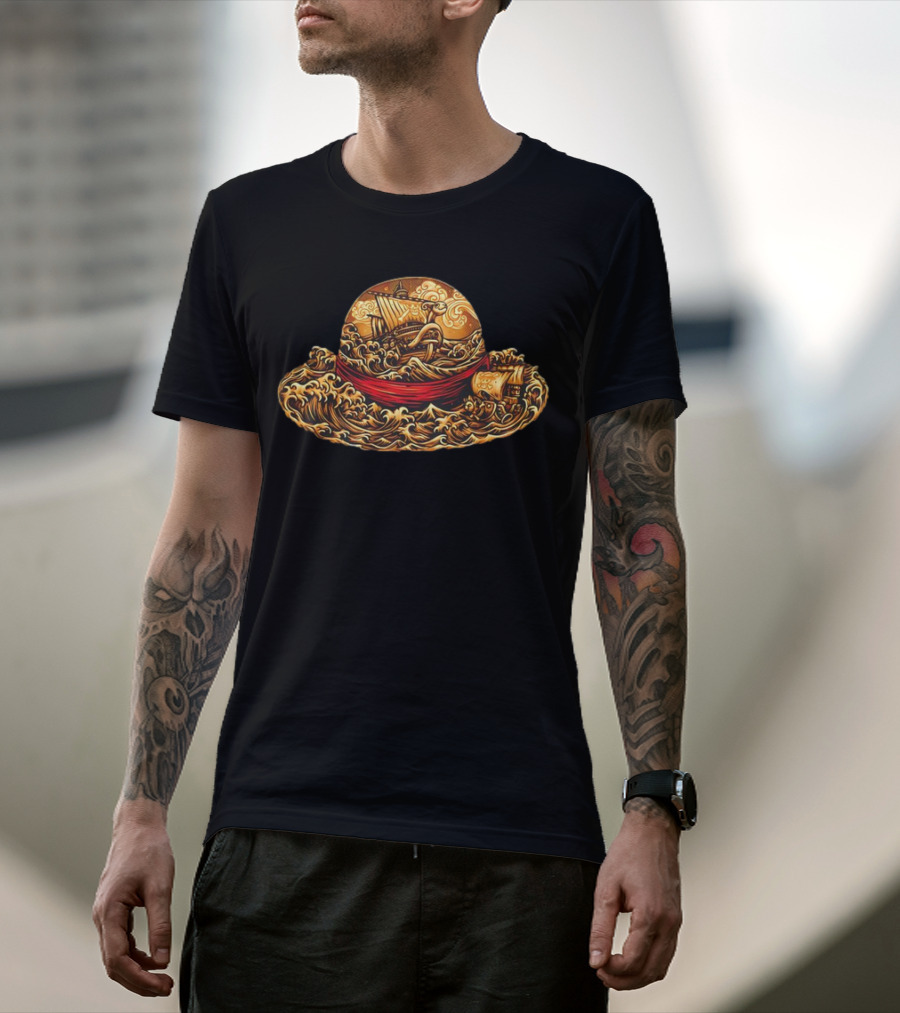 One Piece Luffy Straw Hat With Going Merry And Thousand Sunny Pirate Ships T-Shirt