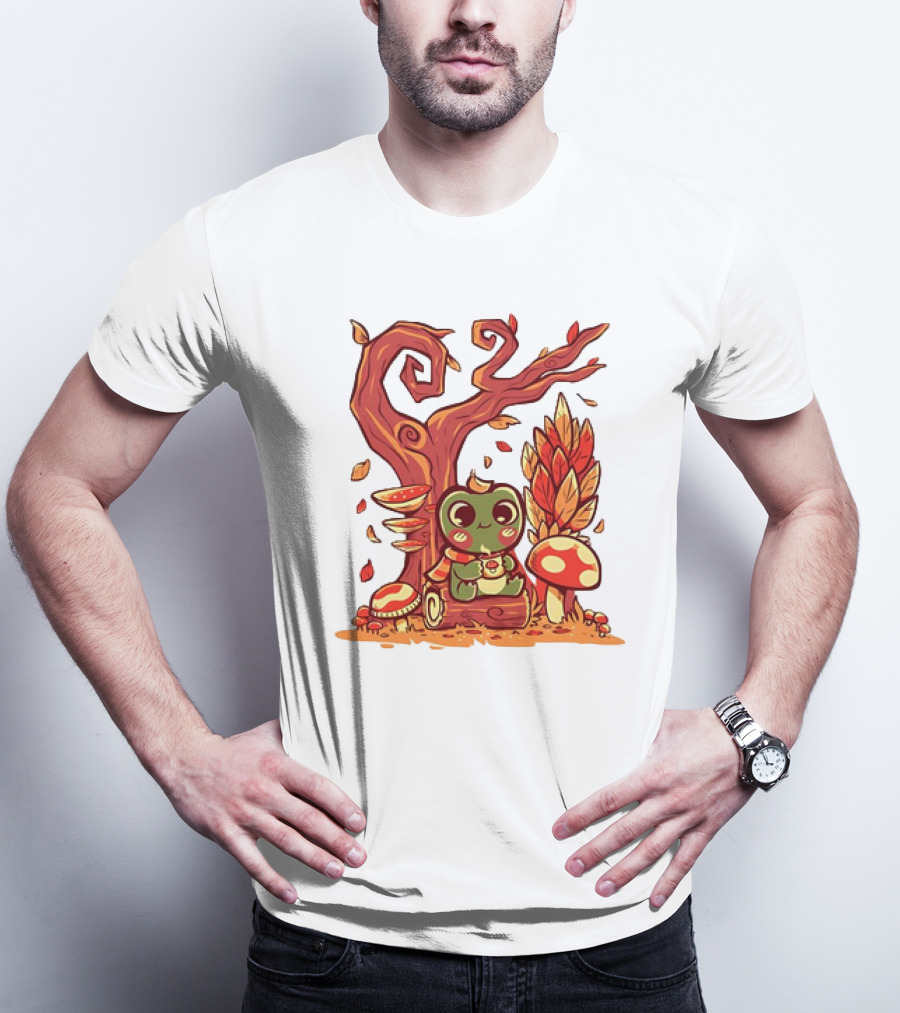 Cozy Autumn Days Cute Frog Enjoying Fall Leaves T-Shirt