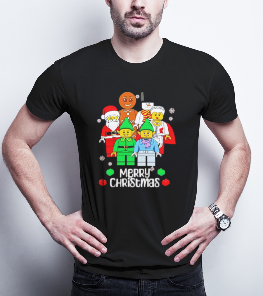 Merry Christmas Santa Elf Snowman Gingerbread Building Bricks Figures T-Shirt