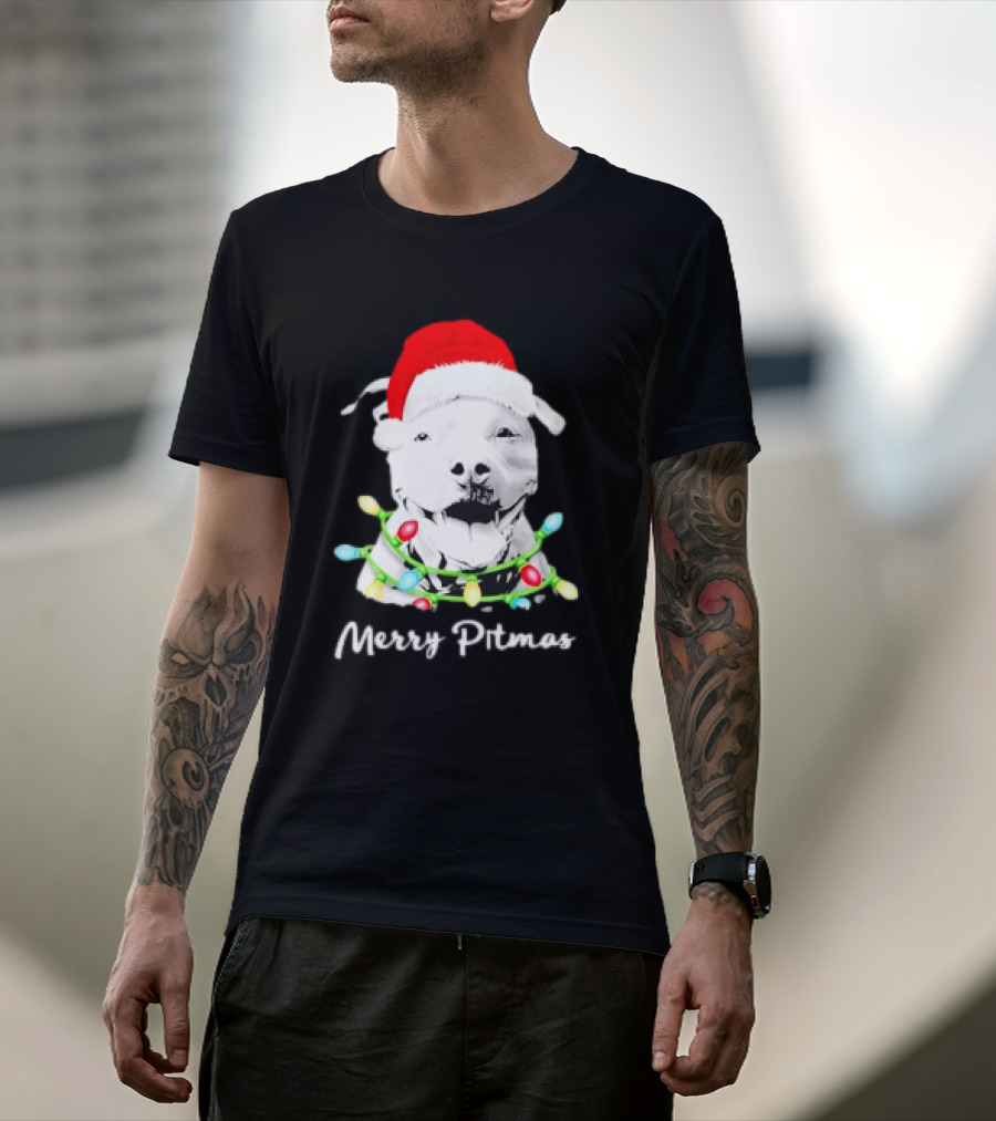Merry Pitmas Pit Bull Santa With Christmas Tree Lights T-Shirt
