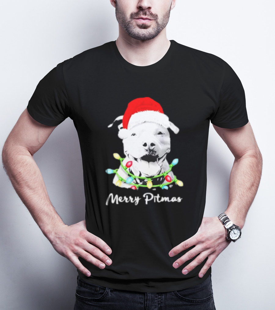 Merry Pitmas Pit Bull Santa With Christmas Tree Lights T-Shirt