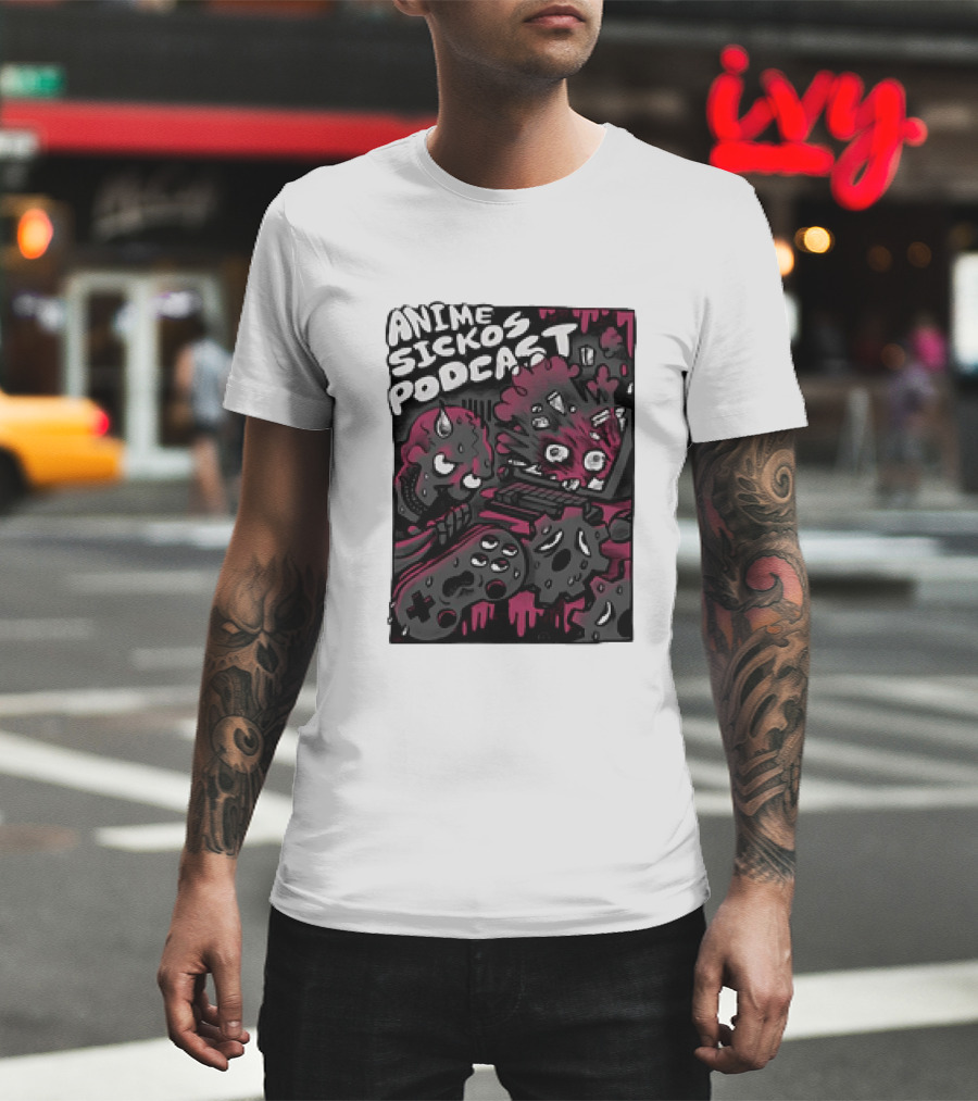 Anime Sickos Podcast Game Controllers Dripping Pink And Black Monster Faces T-Shirt
