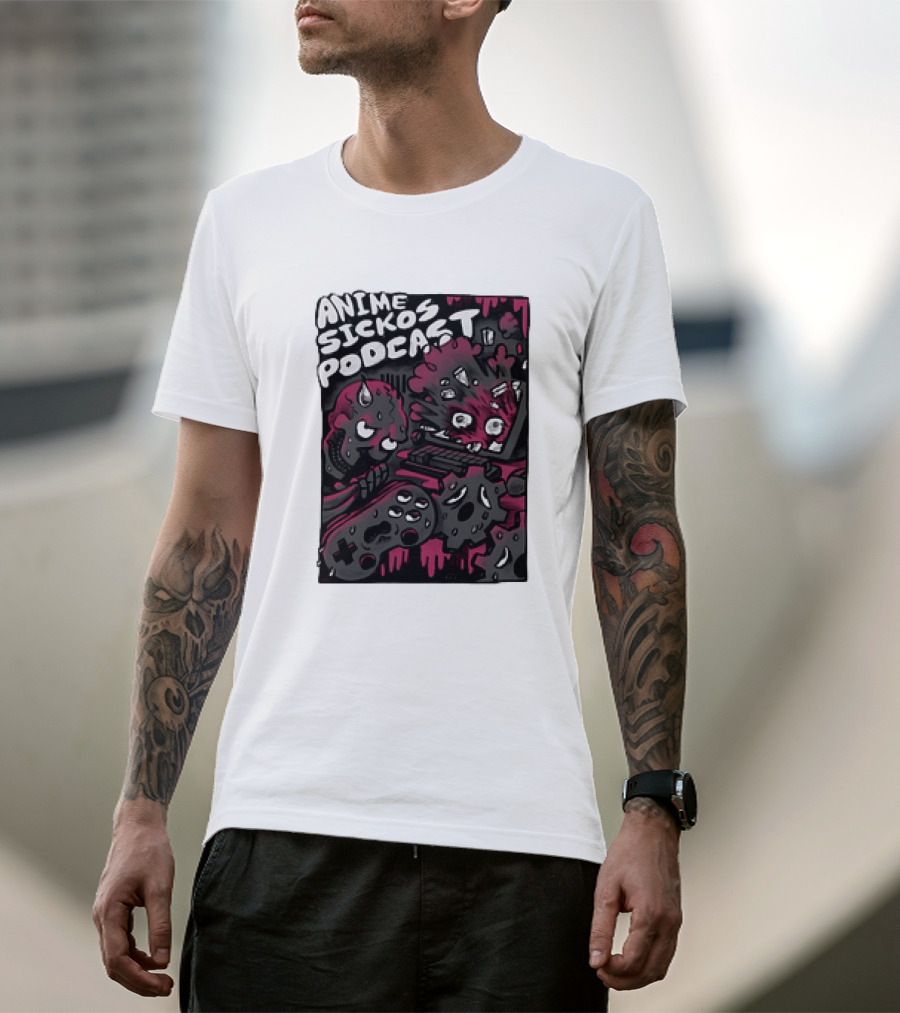 Anime Sickos Podcast Game Controllers Dripping Pink And Black Monster Faces T-Shirt