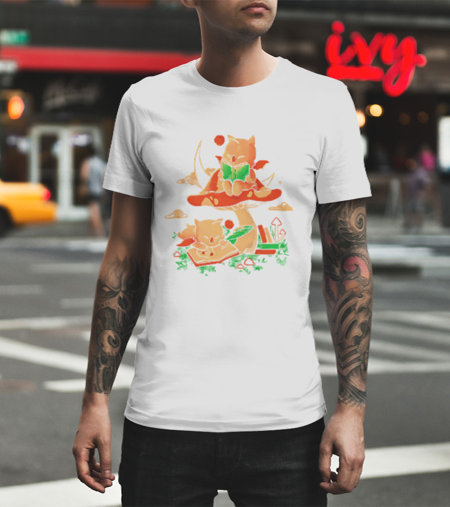 Cat Kupo Moogles Reading On Mushroom With Books T-Shirt