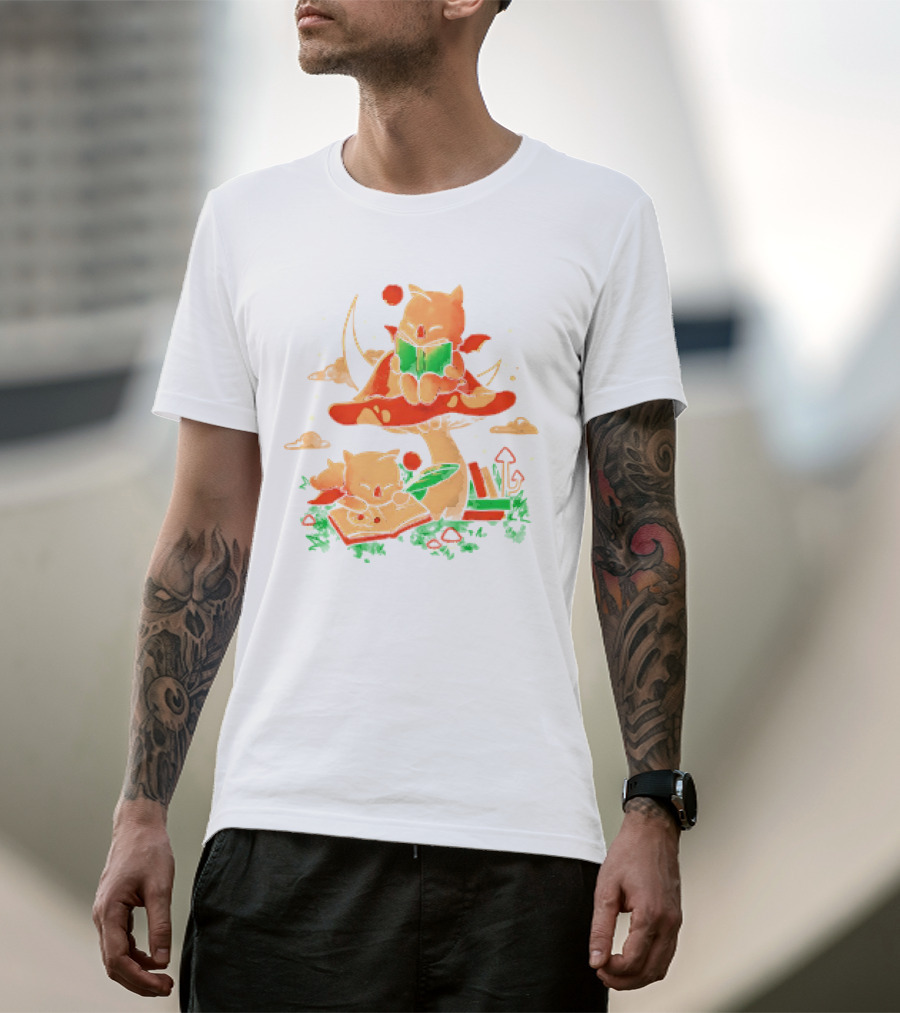 Cat Kupo Moogles Reading On Mushroom With Books T-Shirt