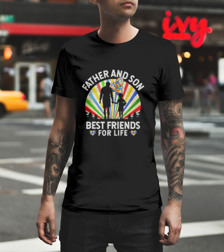Father And Son Best Friends For Life Colorful Autism Awareness Ribbon Hearts T-Shirt