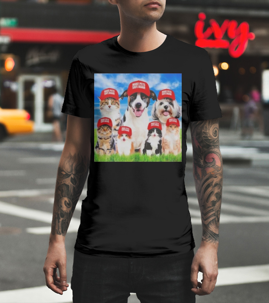 Six Cats And Dogs Wearing Red Make Pets Safe Again Hats On Green Grass T-Shirt