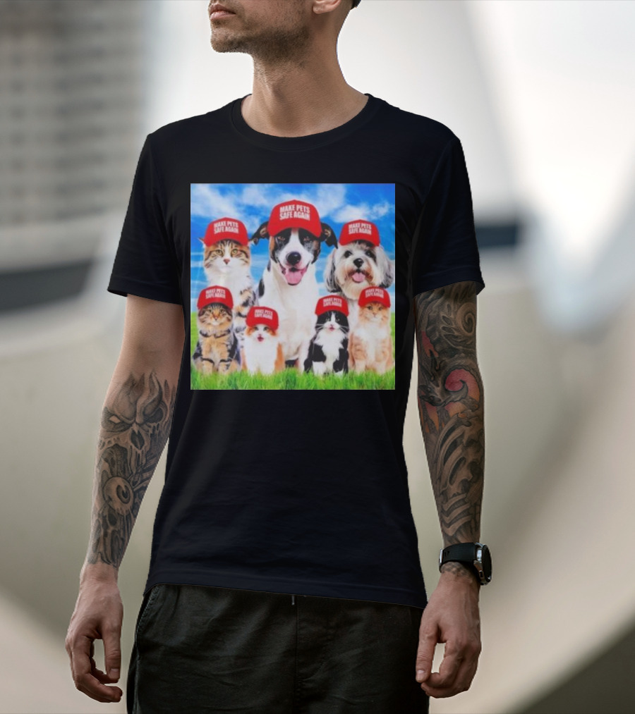 Six Cats And Dogs Wearing Red Make Pets Safe Again Hats On Green Grass T-Shirt