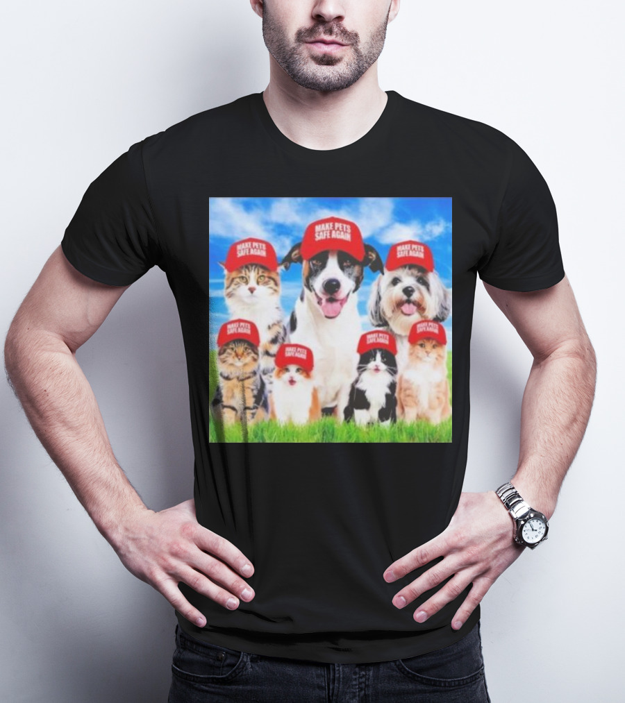 Six Cats And Dogs Wearing Red Make Pets Safe Again Hats On Green Grass T-Shirt