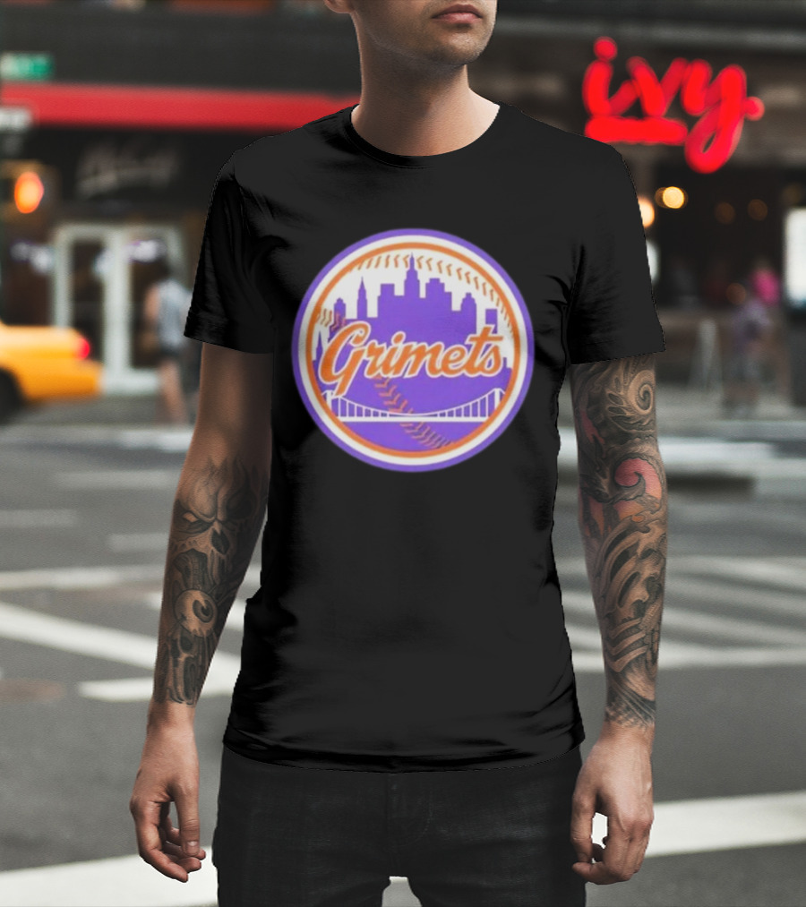 Grimets Ny Mets Skyline Purple Baseball Circle T-Shirt