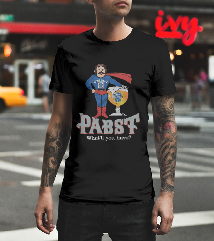 Cool Blue Pabst Superhero With Beer What’ll You Have T-Shirt