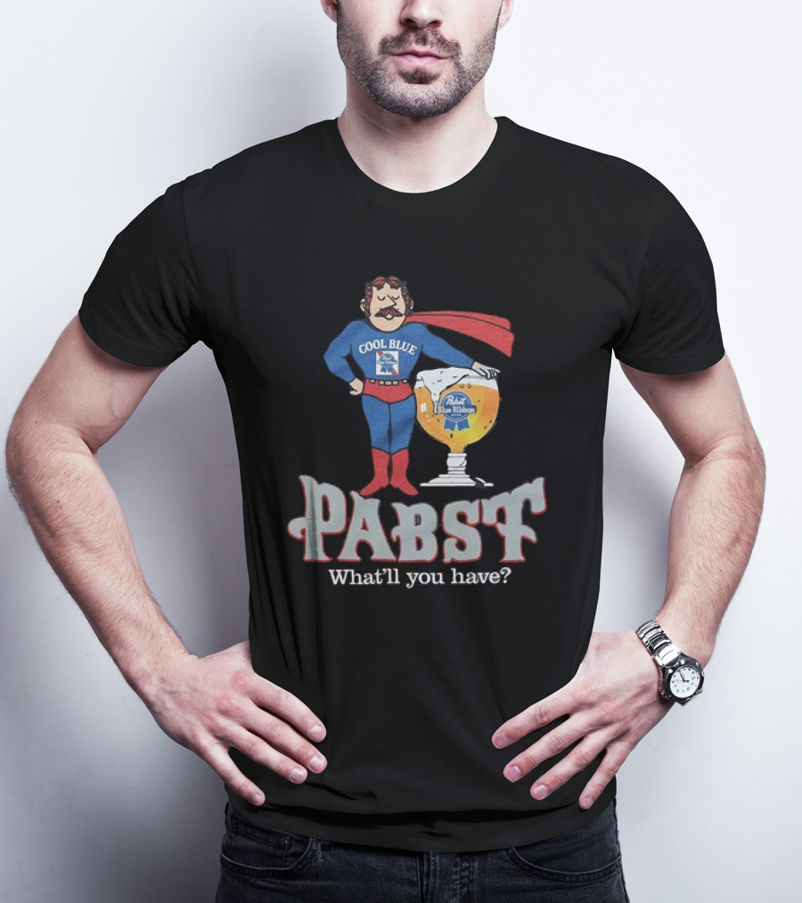 Cool Blue Pabst Superhero With Beer What’ll You Have T-Shirt