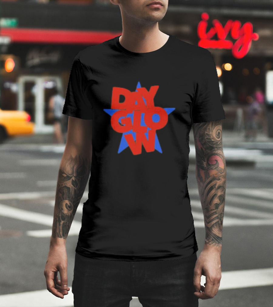 Day Glow Red Blue Star Stacked Black T-Shirt