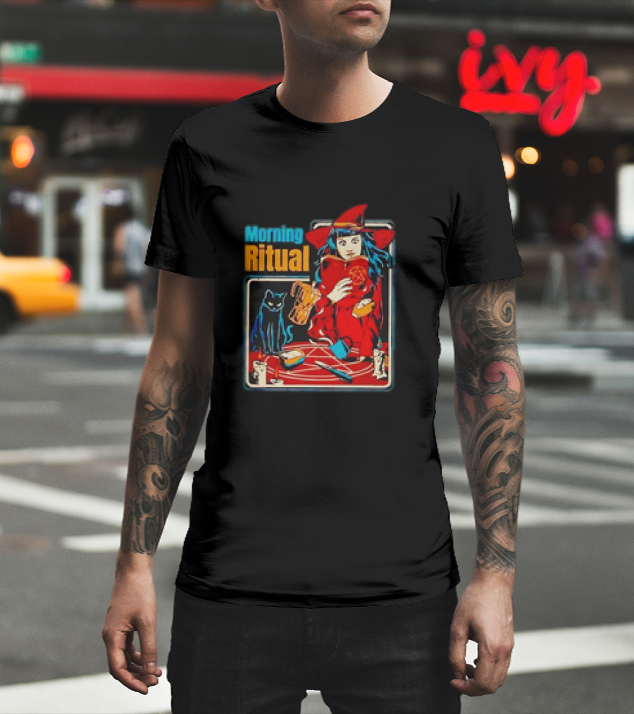 Morning Ritual Witch With Black Cat Coffee Magic T-Shirt