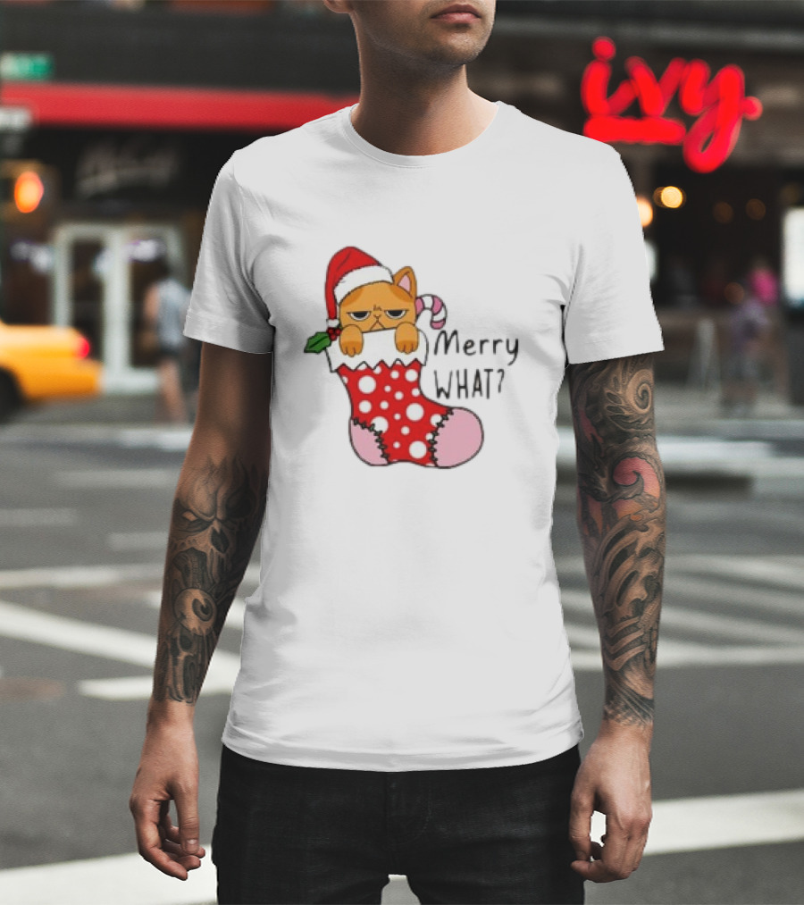 Merry What Cat In Santa Hat Christmas Stocking T-Shirt