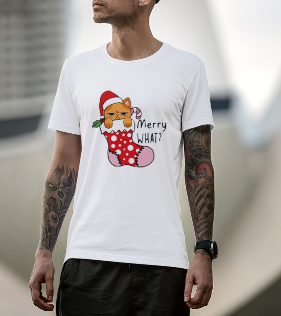 Merry What Cat In Santa Hat Christmas Stocking T-Shirt