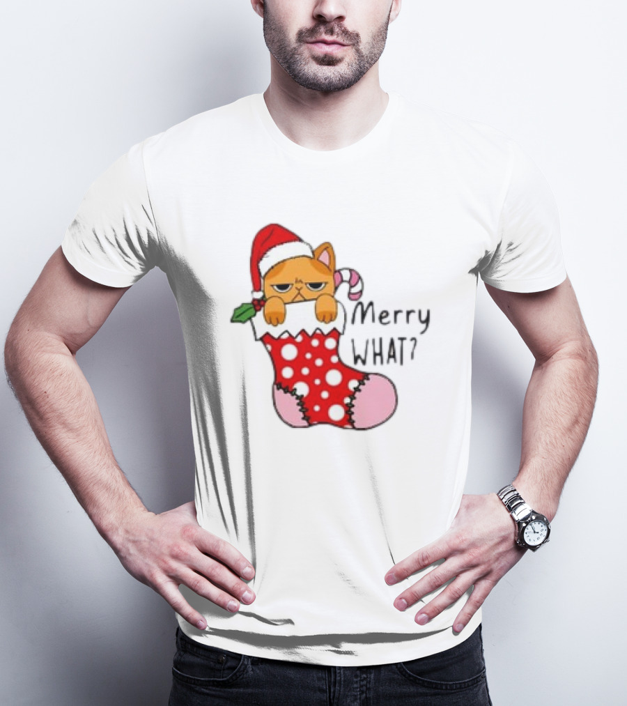 Merry What Cat In Santa Hat Christmas Stocking T-Shirt