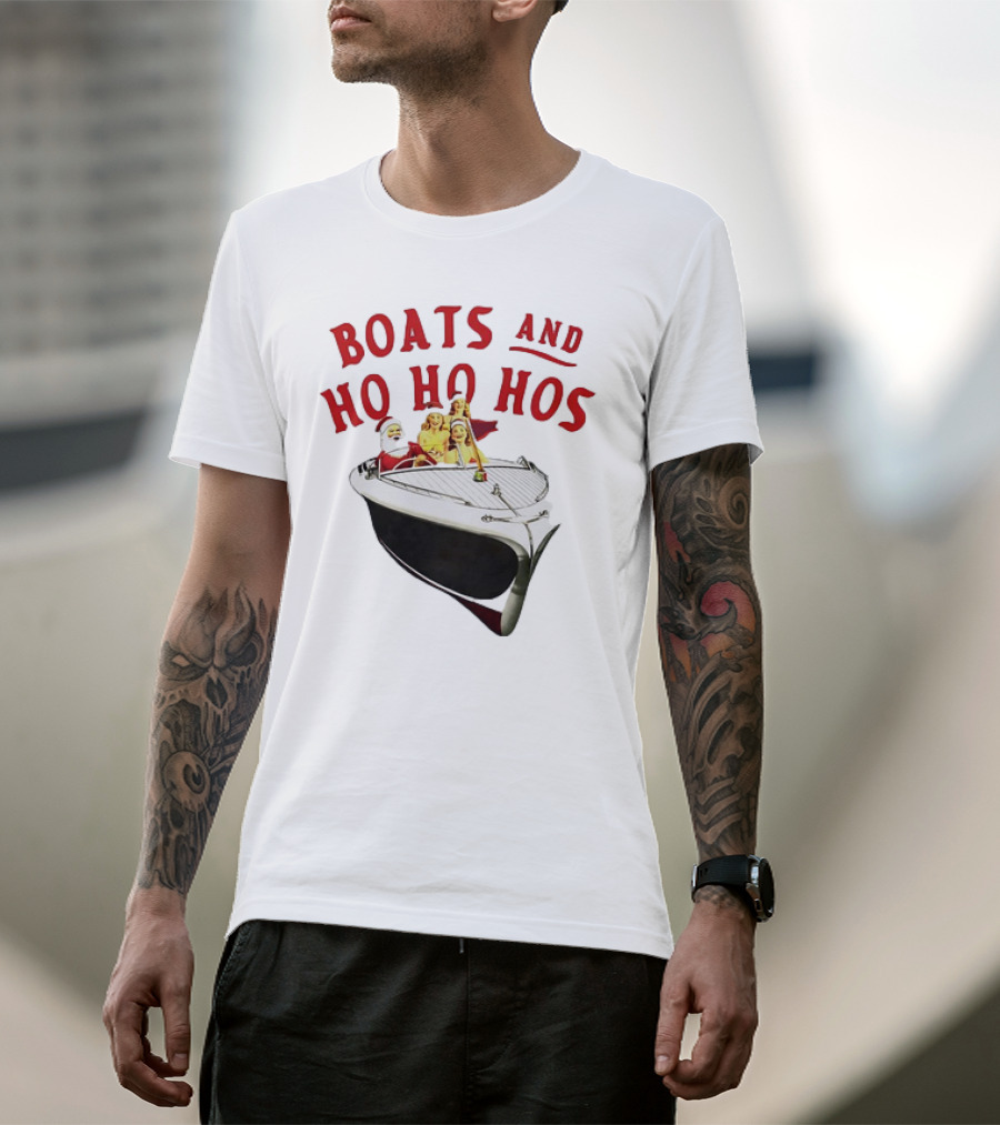 Santa Claus Boats And Ho Ho Hos Christmas Boat Party Holiday Fun T-Shirt