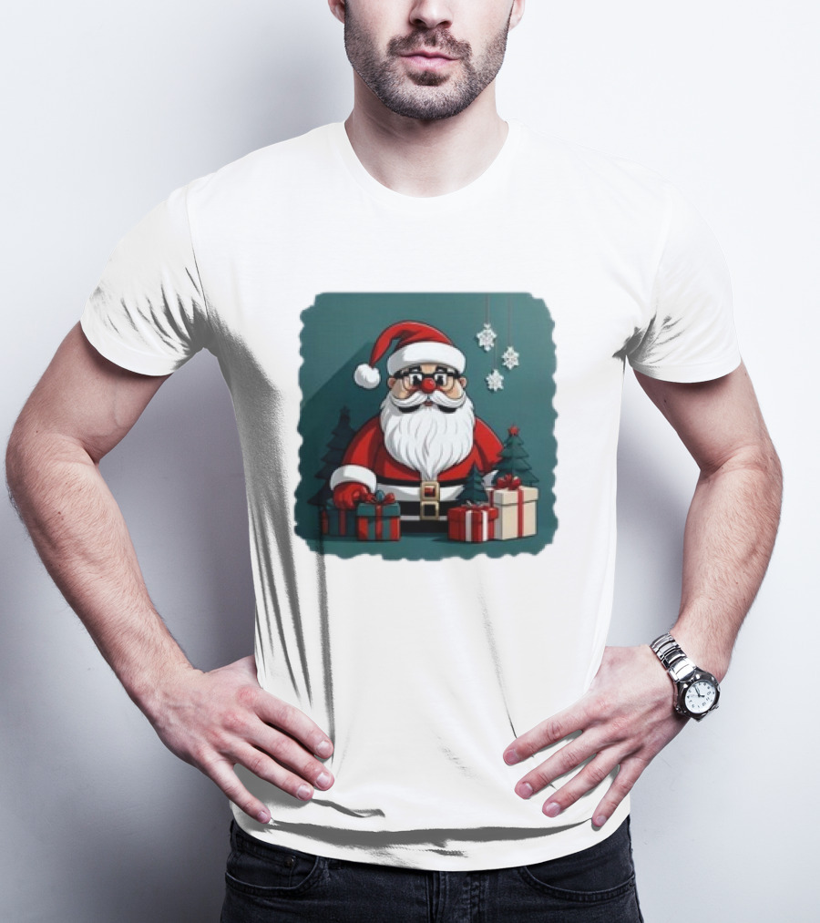 Santa Claus With Snowflakes And Presents Christmas Holiday Scene T-Shirt