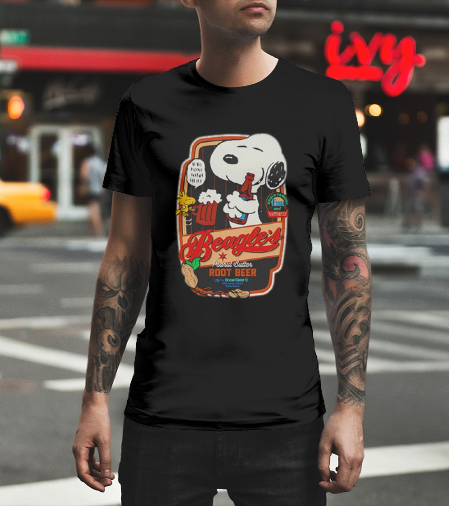 Snoopy And Woodstock Beagle's Peanut Butter Root Beer Good Grief Co Happiness T-Shirt