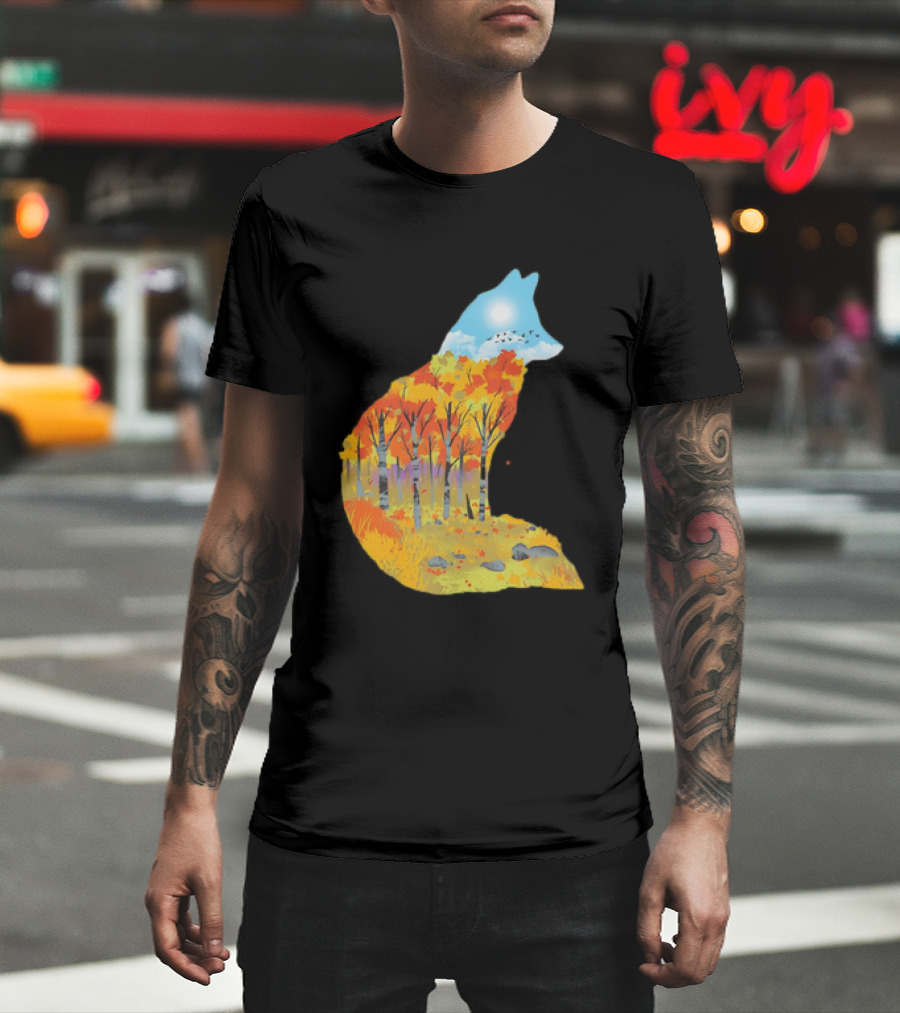 Fox Autumn Forest Landscape With Sun And Birds - I Am The Forest II T-Shirt