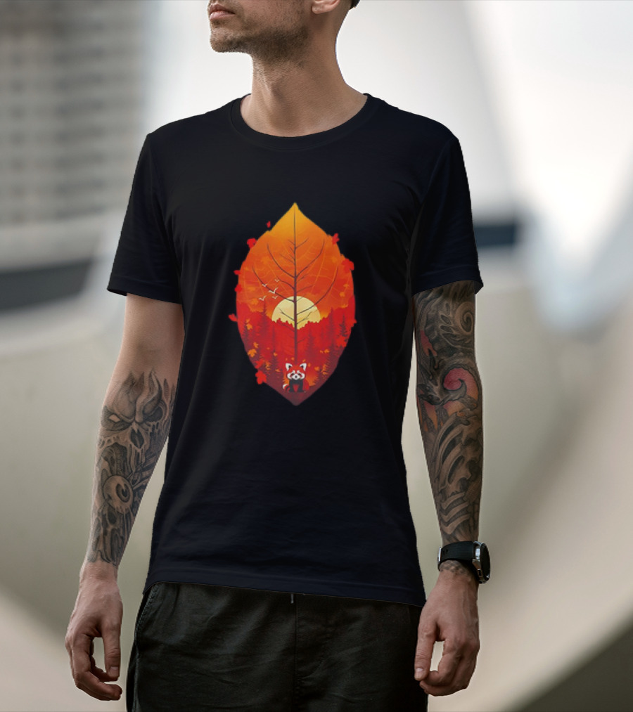 Panda Red Leaf Forest Sunset T-Shirt