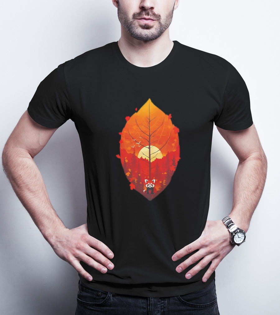 Panda Red Leaf Forest Sunset T-Shirt