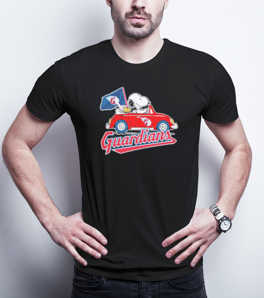 Peanuts Snoopy Woodstock Driving Car Cleveland Guardians Flag T-Shirt