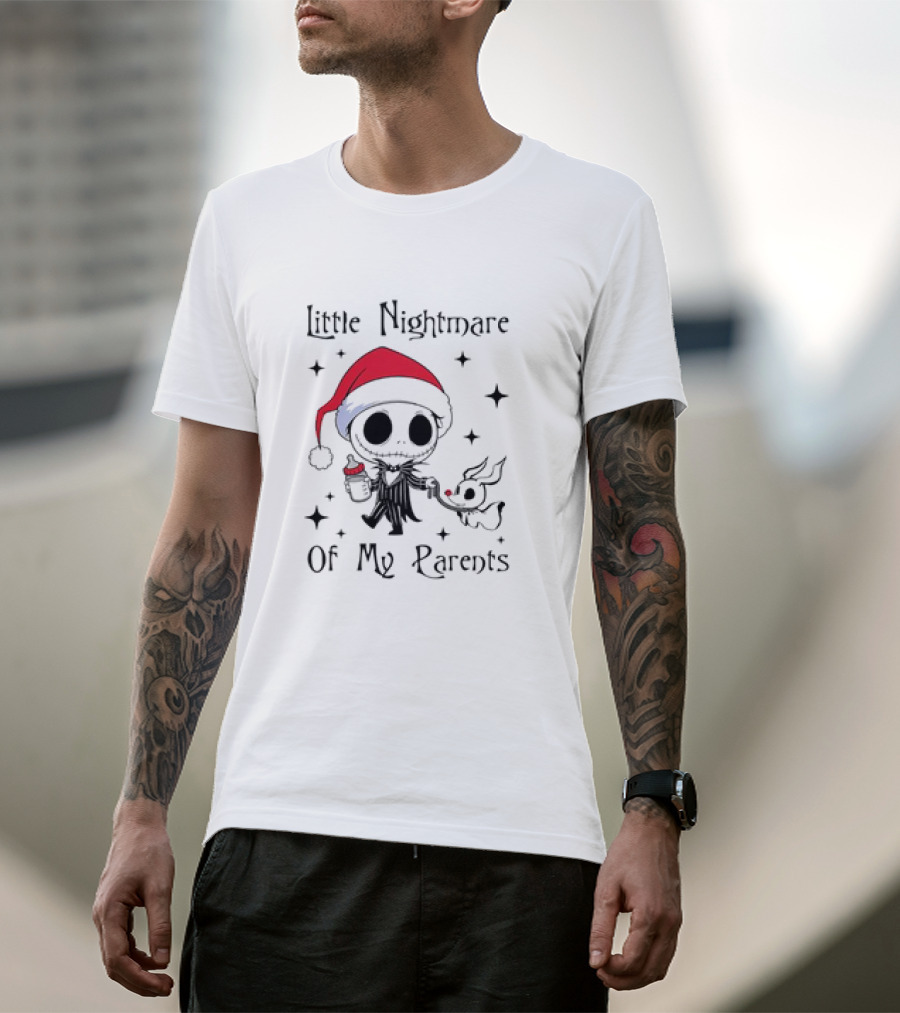 Little Nightmare Of My Parents Jack Skellington Santa Hat Holding Milk And Dog T-Shirt