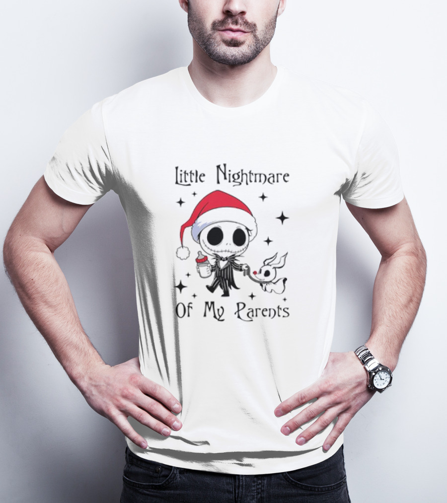 Little Nightmare Of My Parents Jack Skellington Santa Hat Holding Milk And Dog T-Shirt