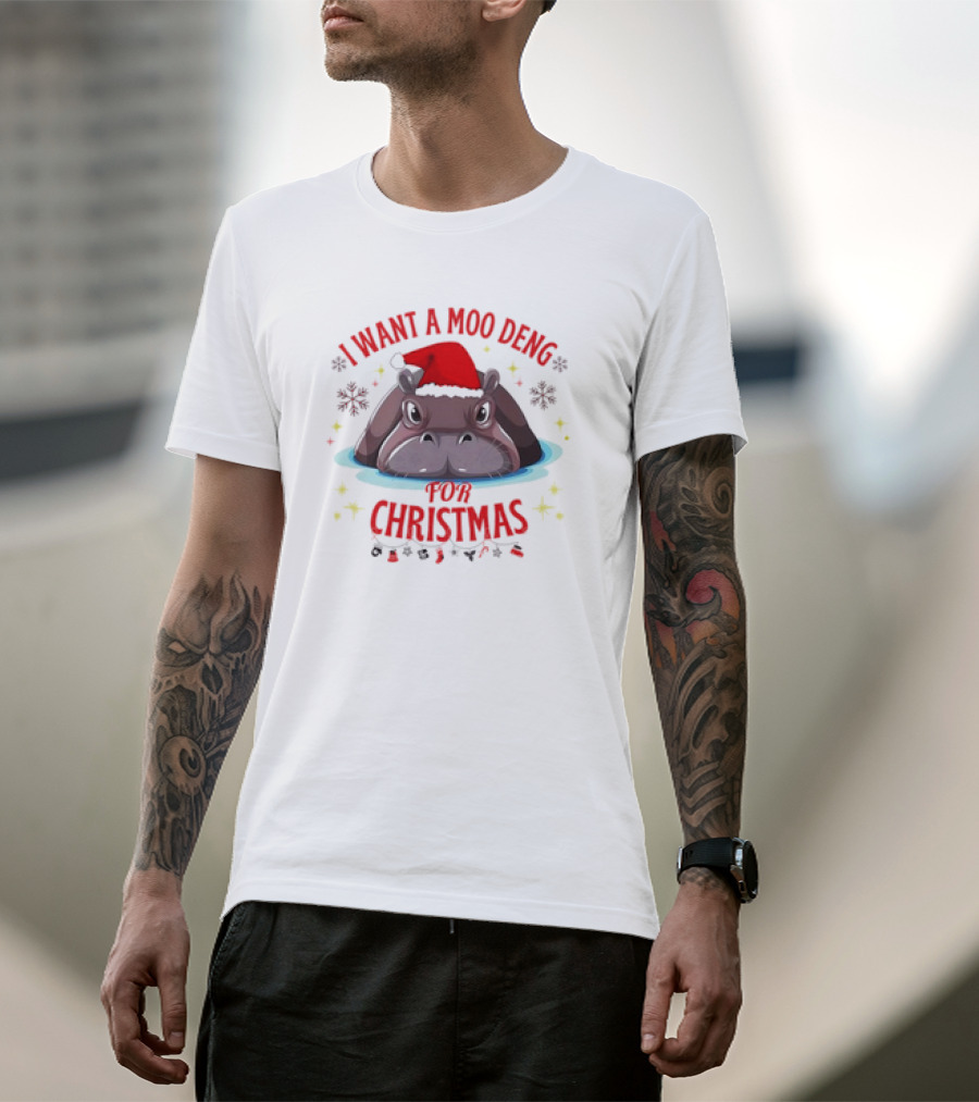 I Want A Moo Deng For Christmas Hippo Santa Hat Cute T-Shirt