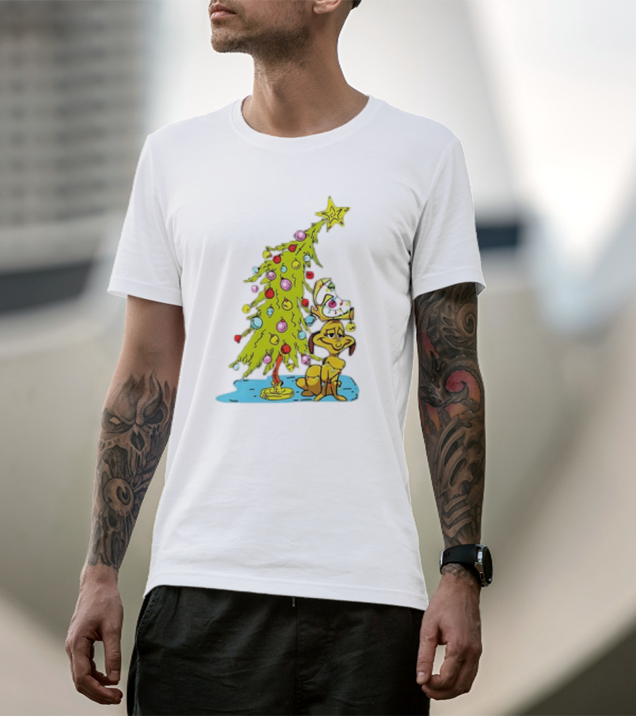 Christmas With Dog Max And Whoville Tree Festive Lights Cartoon Scene T-Shirt