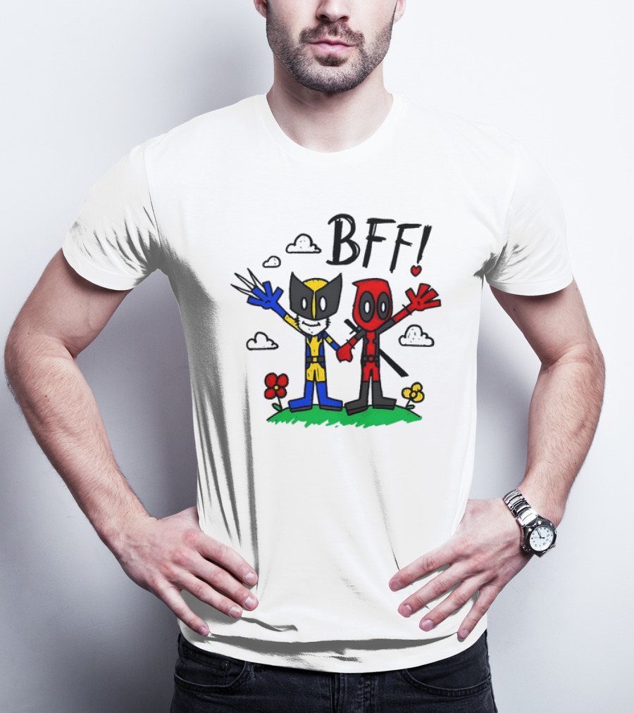 Deadpool And Wolverine BFF Cartoon Style With Heart And Clouds T-Shirt
