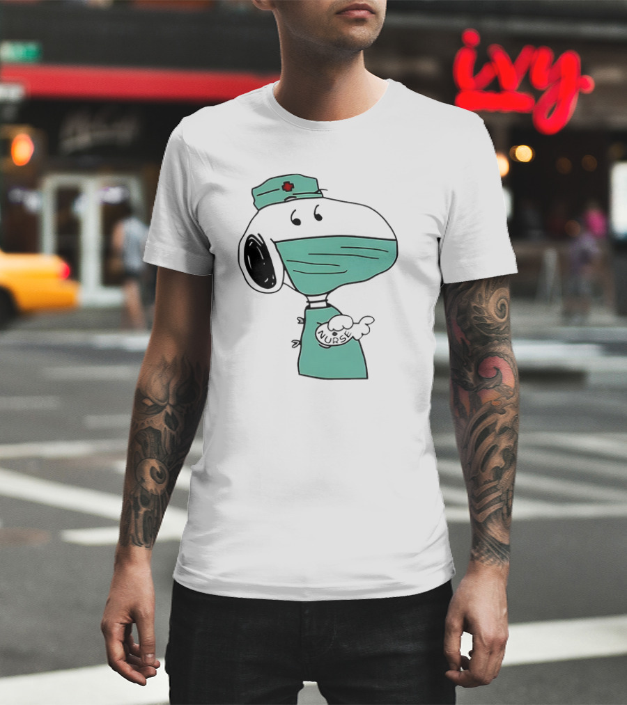 Snoopy Nurse Cartoon In Scrubs With Mask T-Shirt