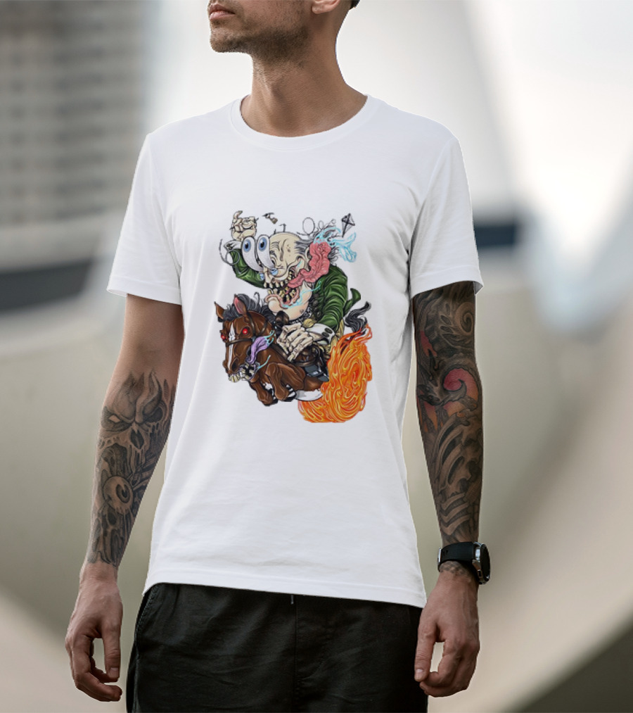 Ben FINKlin Surreal Dual-Eyed Figure On Flame-Engulfed Horse T-Shirt