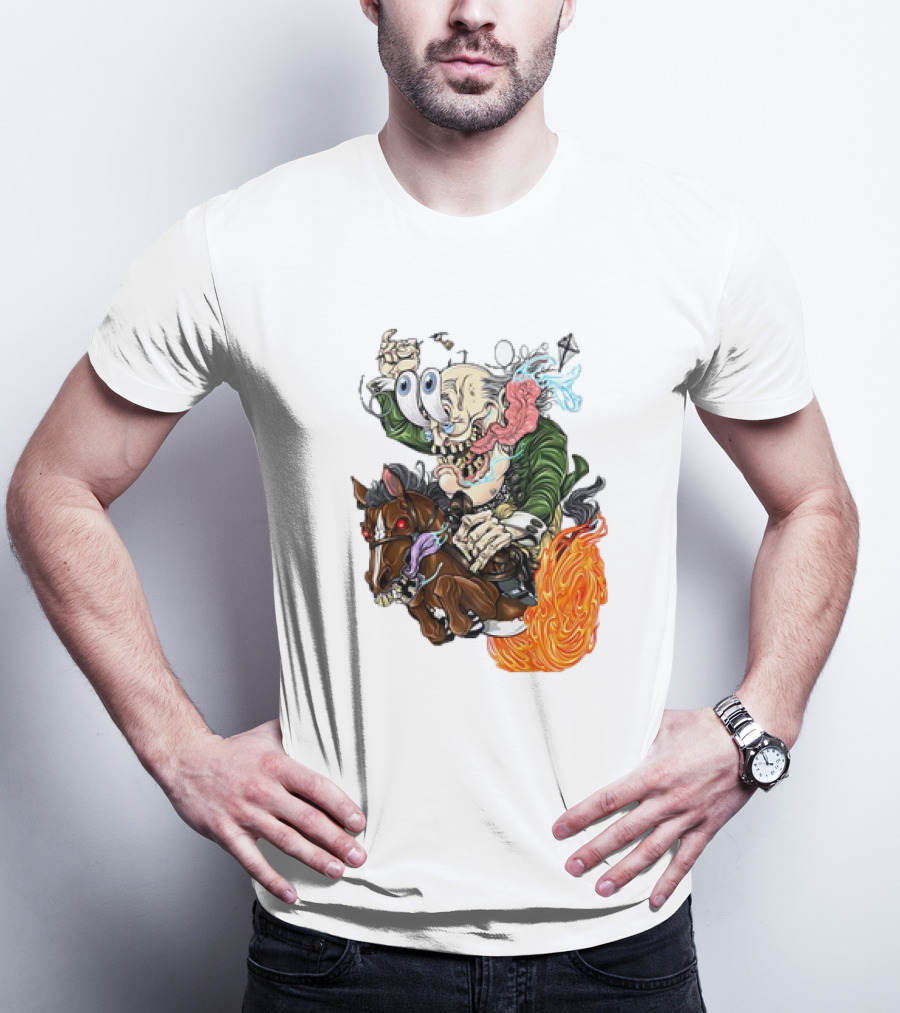 Ben FINKlin Surreal Dual-Eyed Figure On Flame-Engulfed Horse T-Shirt