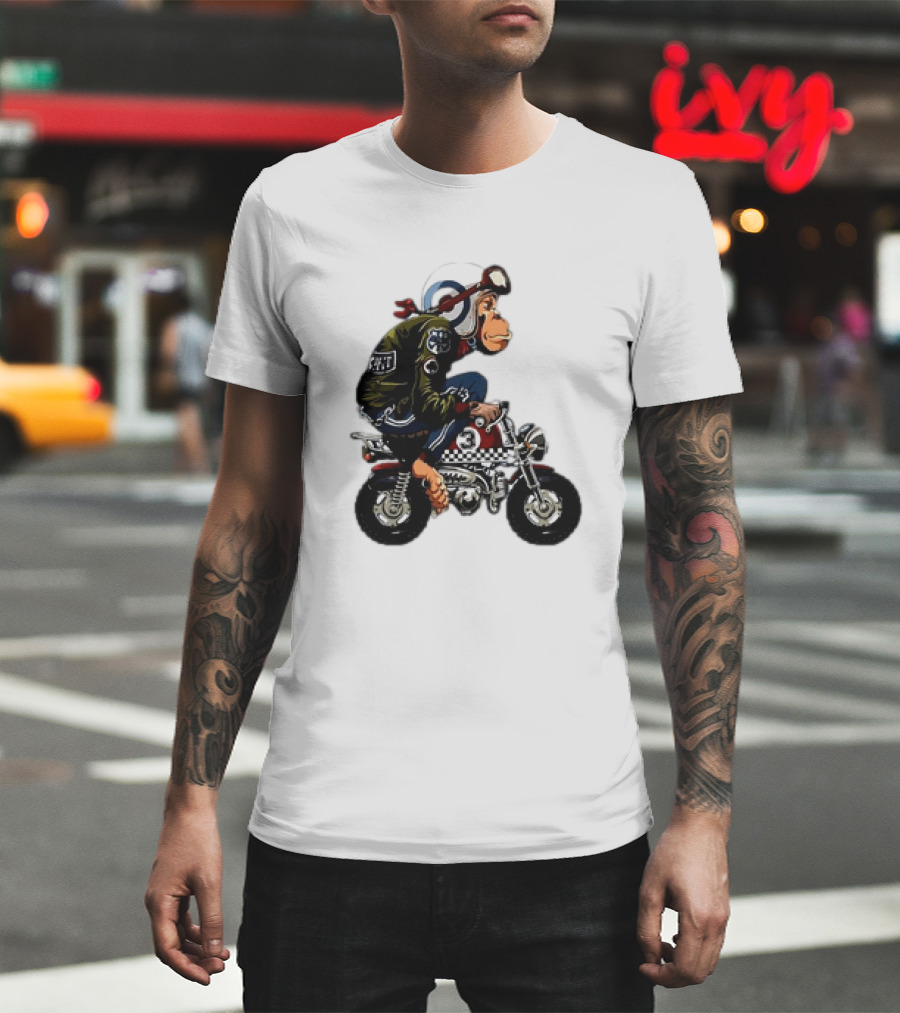 Monkey Riding Checkered Mini Bike Cartoon T-Shirt