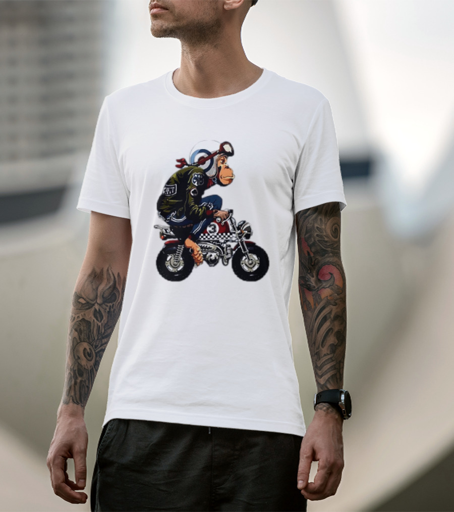 Monkey Riding Checkered Mini Bike Cartoon T-Shirt