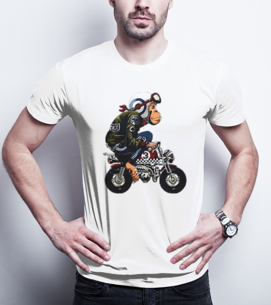 Monkey Riding Checkered Mini Bike Cartoon T-Shirt