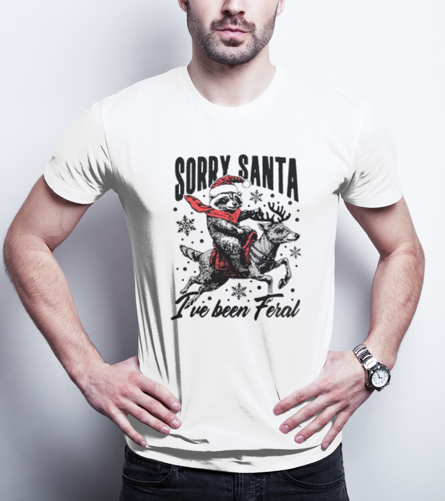Sorry Santa I've Been Feral Retro Christmas Funny Raccoon Santa Hat T-Shirt