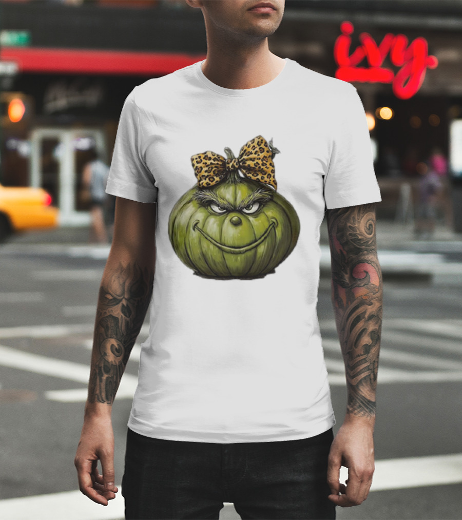 Retro Vintage Leopard Bow Grinch Pumpkin T-Shirt