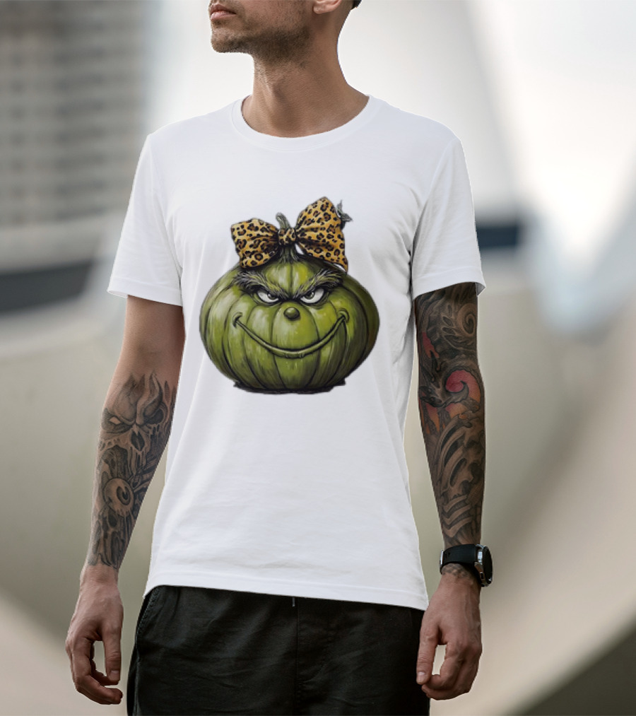 Retro Vintage Leopard Bow Grinch Pumpkin T-Shirt
