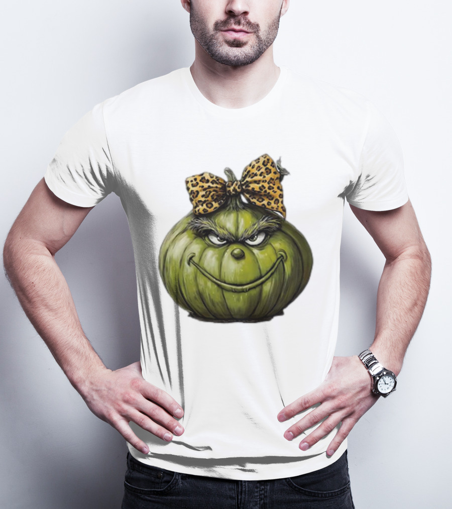 Retro Vintage Leopard Bow Grinch Pumpkin T-Shirt